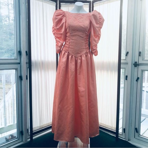 Vintage | Dresses | Vintage8s Puff Sleeve Coral Satin Prom Dress ...